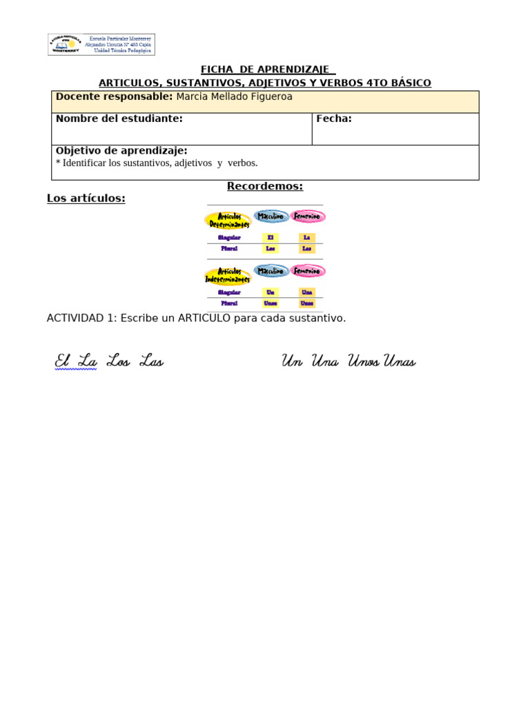 Ficha de Aprendizaje Art - Sust Verb Adj 4to | PDF