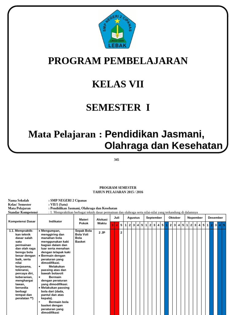 Program Semester Pjok Kelas VII 1 | PDF