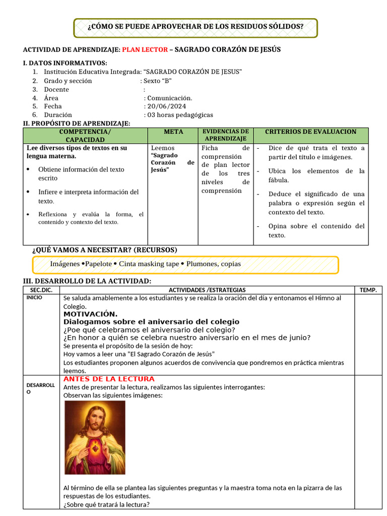 Sesión de Plan Lector. 20.06.24 Sagrado Corazón de Jesús | PDF | Aprendizaje | Ciencia cognitiva