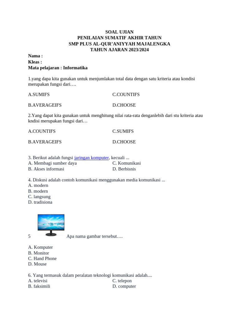 SOAL UJIAN Informatika Kls VIII | PDF