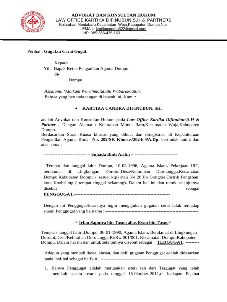 Gugat Cerai Suhada TKW 24 | PDF