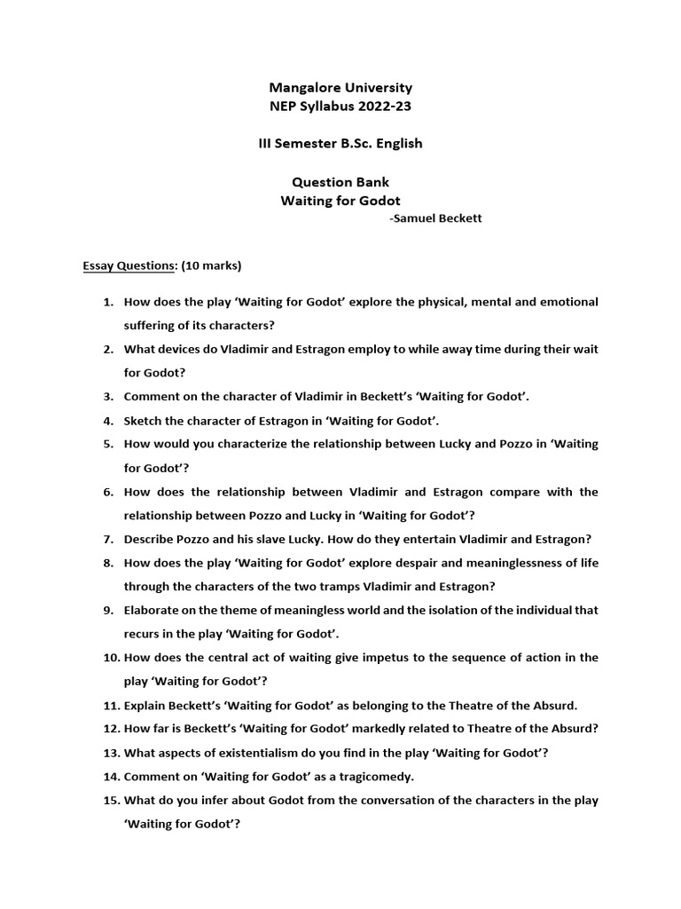Waiting for Godot Question Bank | PDF | Plays | Samuel Beckett