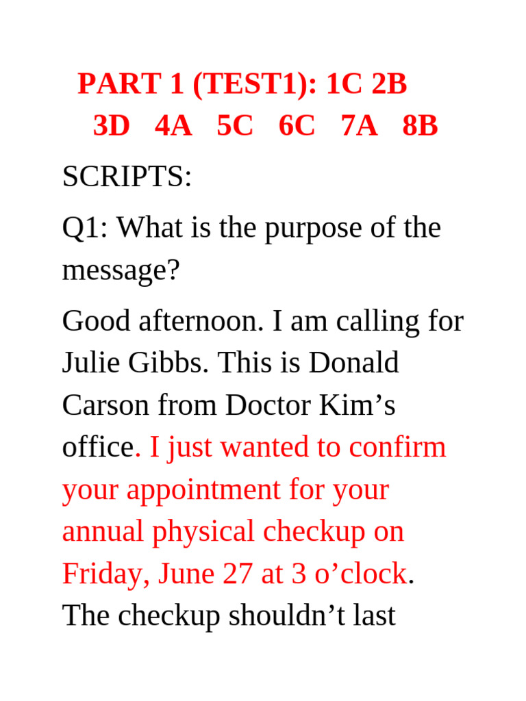 Đáp Án Part 1 - Test 1,2 | PDF