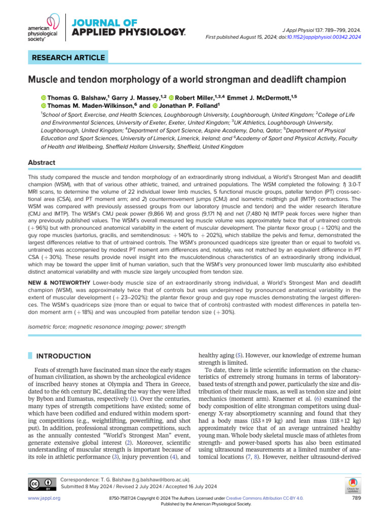 Balshaw Et Al 2024 Muscle and Tendon Morphology of A World Strongman and Deadlift Champion | PDF