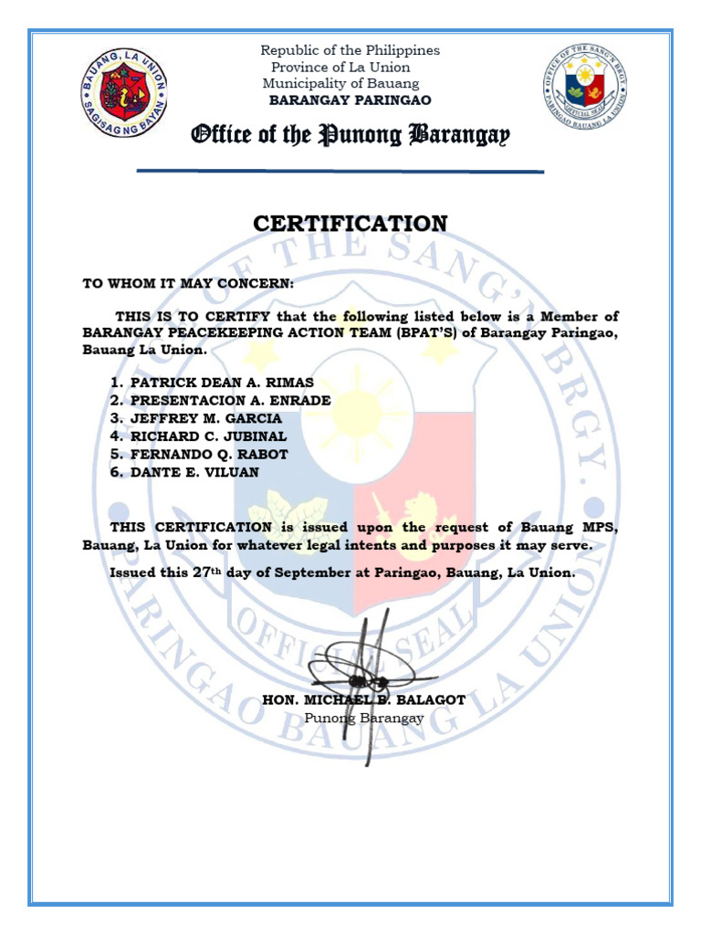 Paringao Bpats Certification | PDF