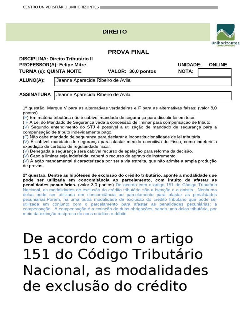 Prova Final Direito TributÁrio II Quinta Noite Junho 24 | PDF