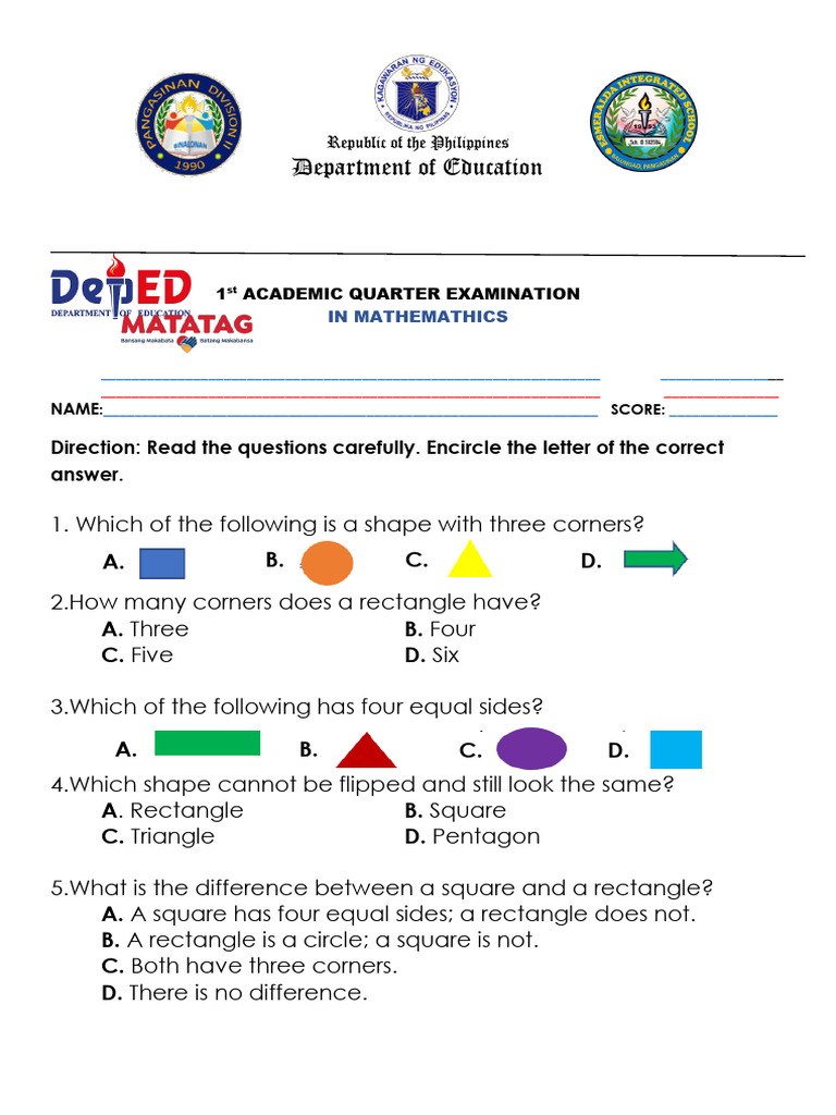 MATH 1st QUARTER EXAMINATION | PDF