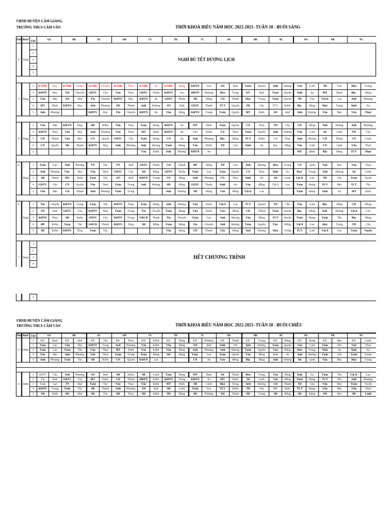TKB- TUẦN 18 | PDF