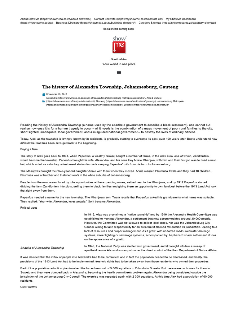 History of Alexandra Township | PDF