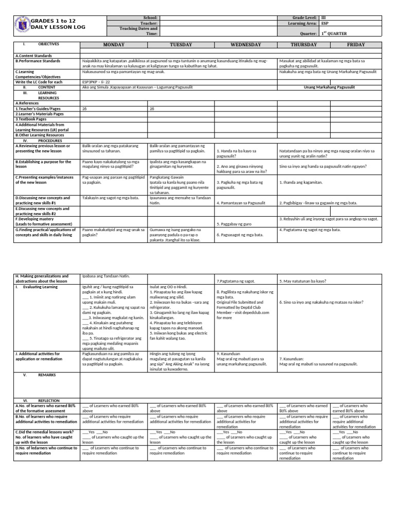 DLL - Esp 3 - Q1 - W10 | PDF