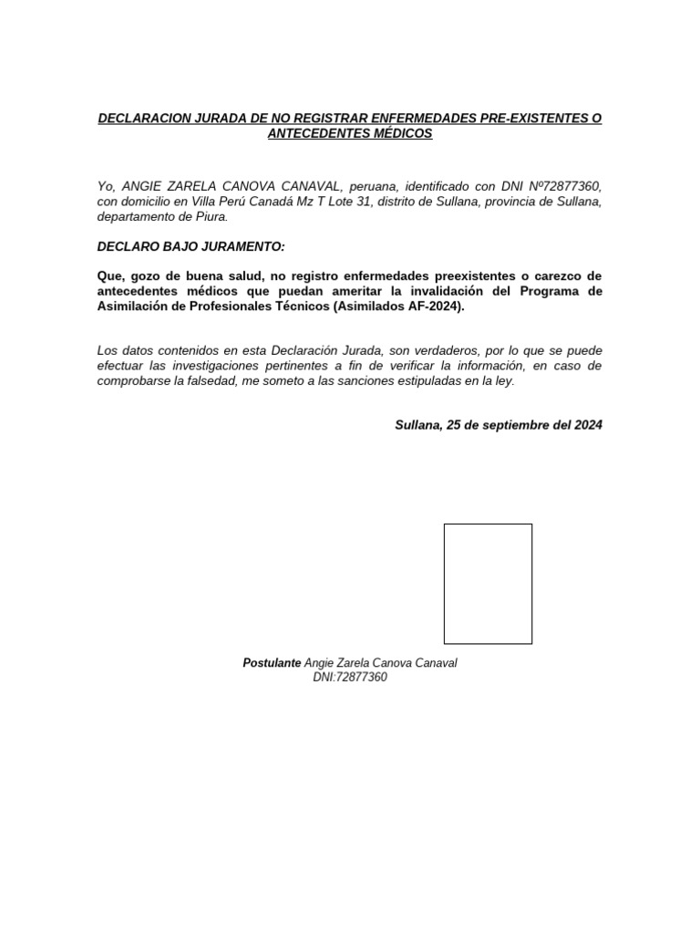 Declaracion Jurada Simple de Gozar de Buena Salud y Carecer de ...