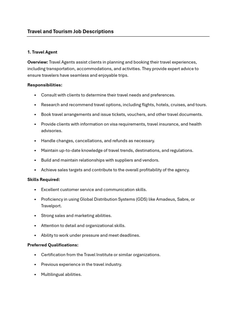 Travel and Tourism Job Descriptions | PDF