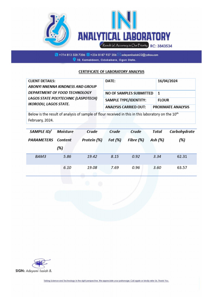 Abonyi Nnenna Kindness and Group 3rd Certificate of Laboratory Analysis ...
