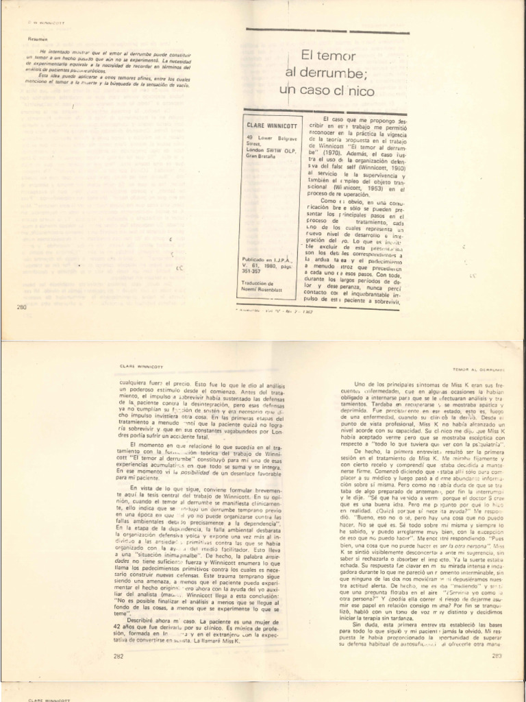 El Temor Al Derrumbe .Un Caso Clínico - Claire Winnicott | PDF