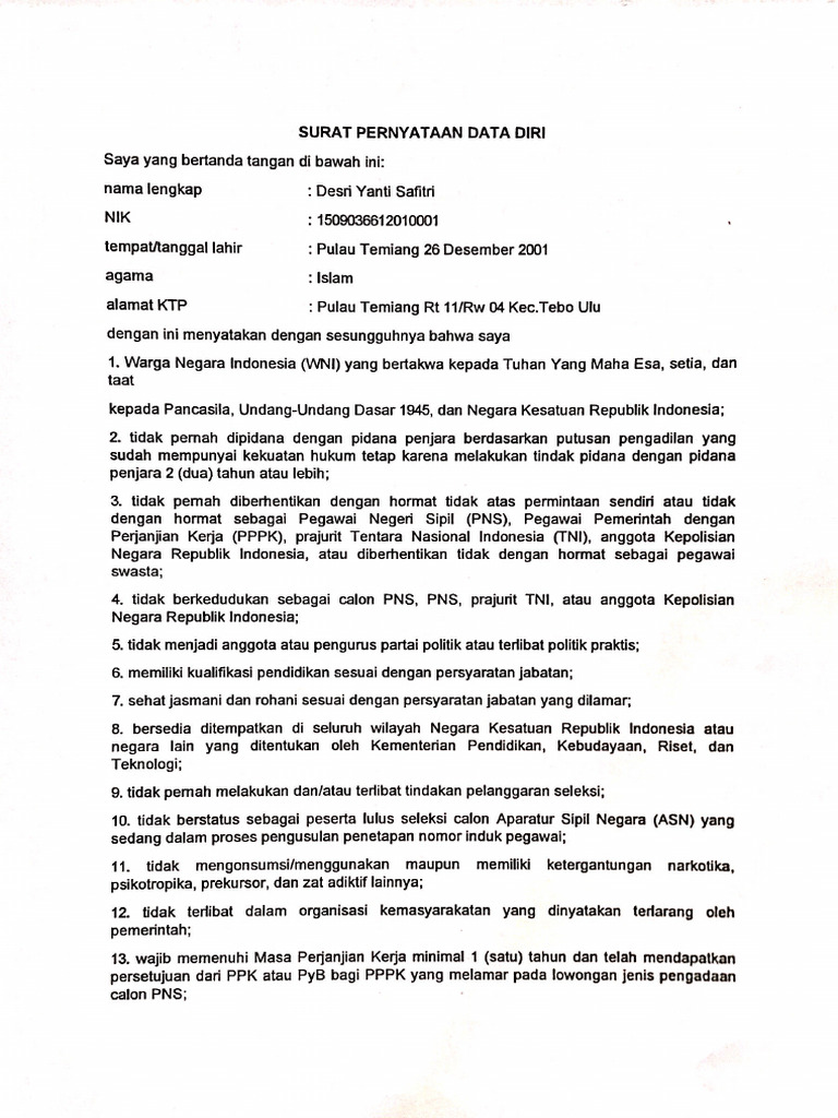 Surat Pernyataan Desri Yanti Safitri | PDF