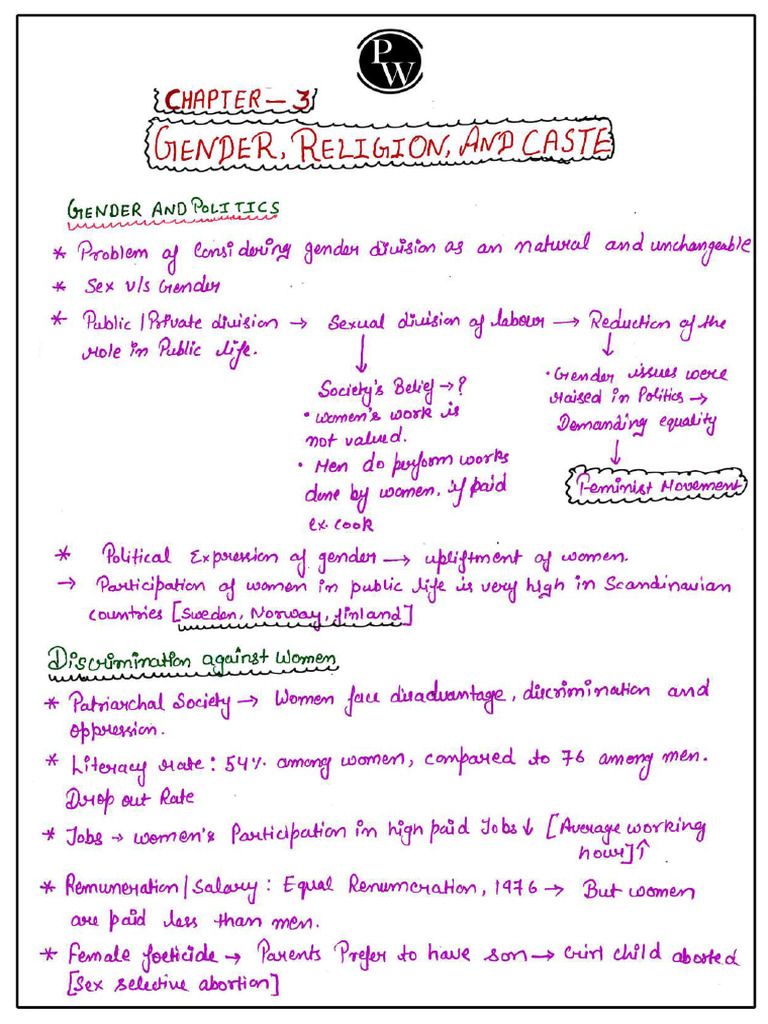 Political Science Gender, Religion and Caste Short Notes WARRIOR | PDF