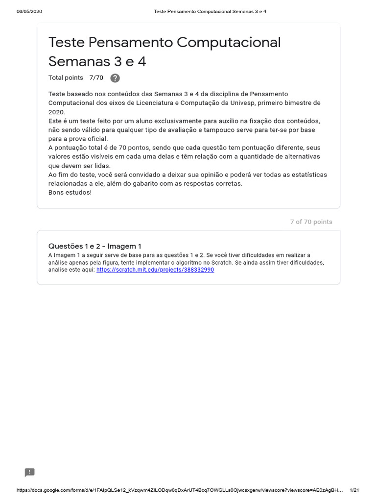 Teste Pensamento Computacional Semanas 3 e 4 - Simulado | PDF ...