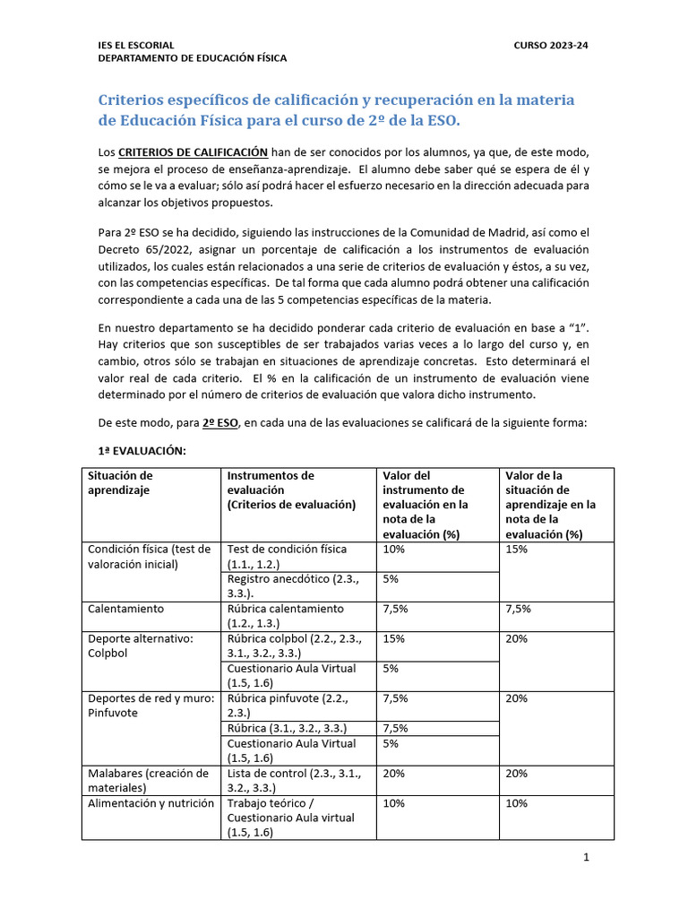 2o ESO Criterios Especificos de Calificacion y Recuperacion 1 | PDF