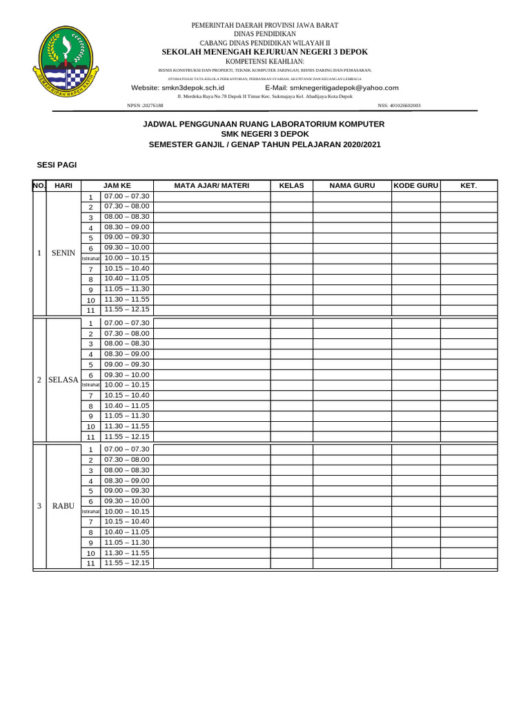 03 Jadwal Penggunaan Ruang Lab SMKN 3 DEPOK | PDF