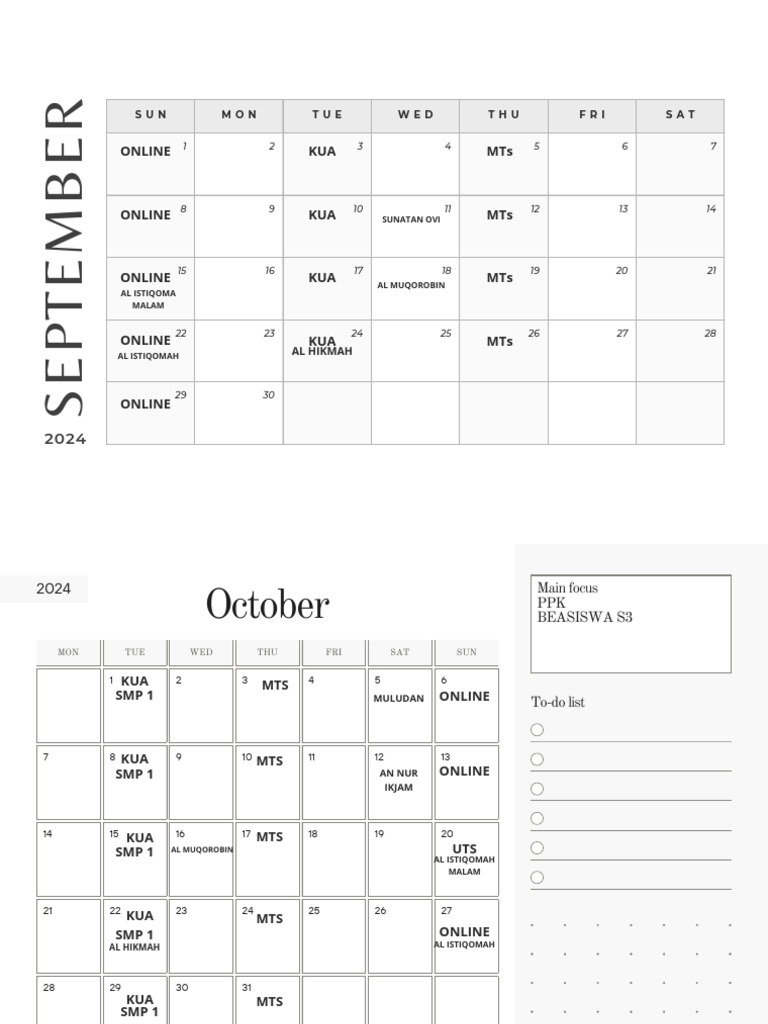 Black White Minimalist September 2024 Monthly Calendar | PDF