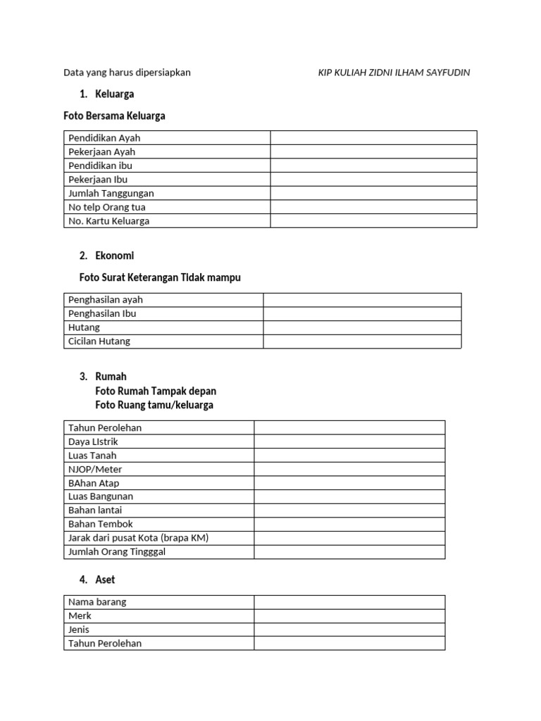 Data Yang Harus Dipersiapkan Kip Kuliah Zidni Ilham Sayfudin | PDF
