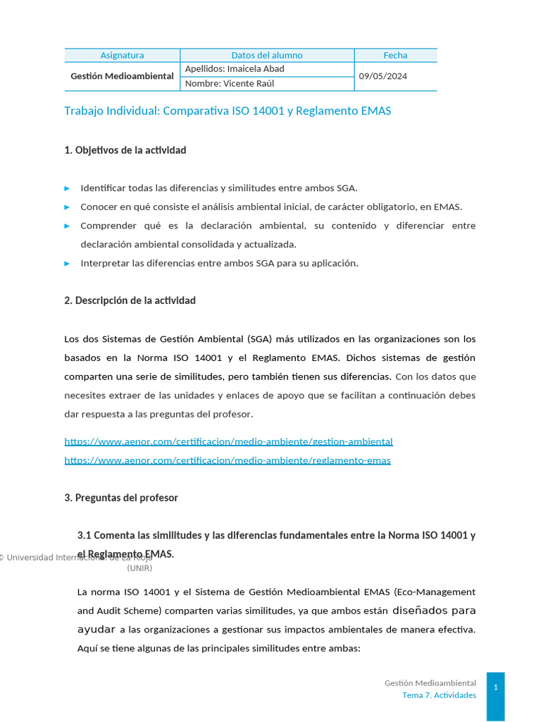 Desarrollo Diferencia EMAS ISO14001 Gaeo02 - Act1 Coparativo ISO EMAS ...