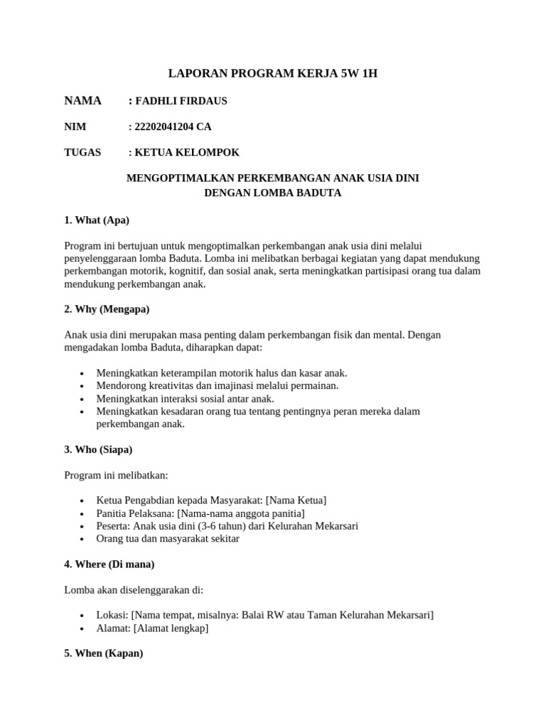 Laporan Program Kerja 5W 1H Fadhli Firdaus (Ketua) | PDF