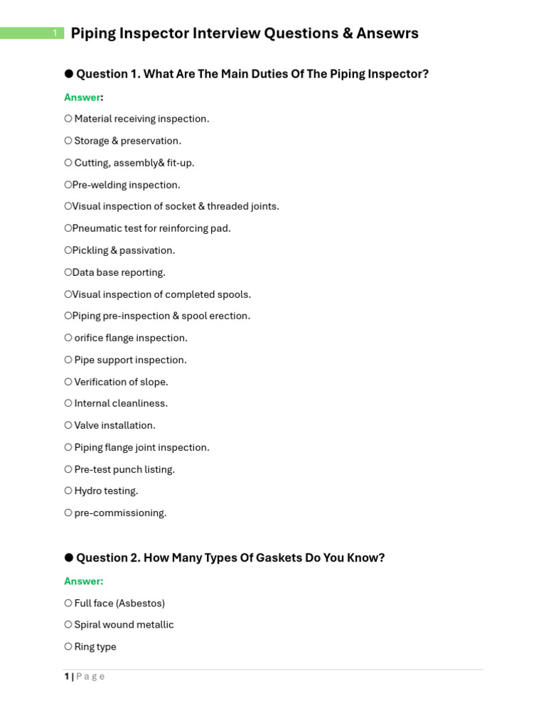 Piping Inspector Interview - 034621 | PDF