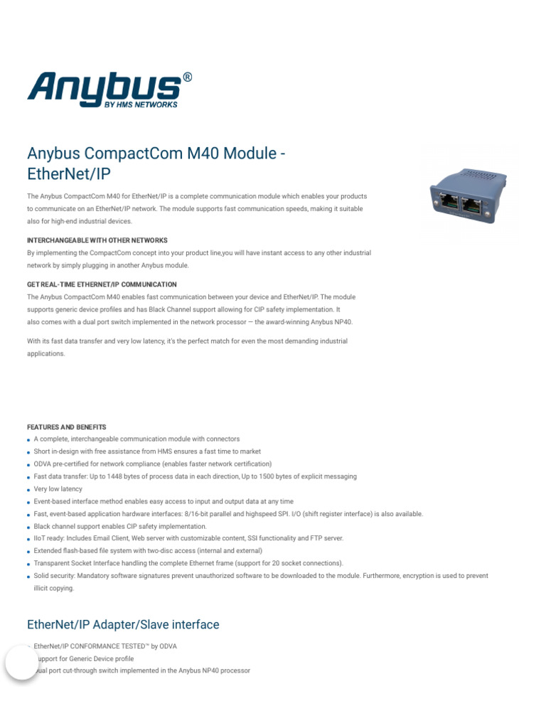 Anybus Compactcom M40 Module Ethernet Ip Pdf