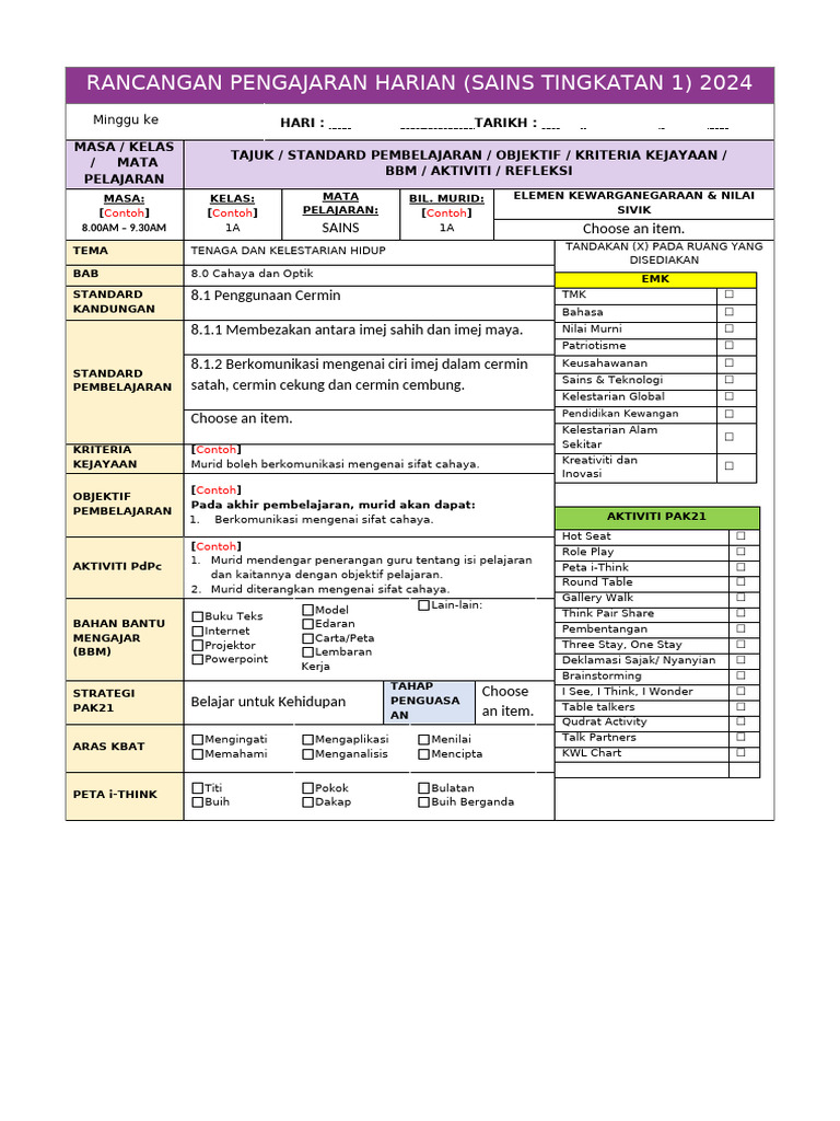 RPH Sains Tingkatan 1 2024 | PDF