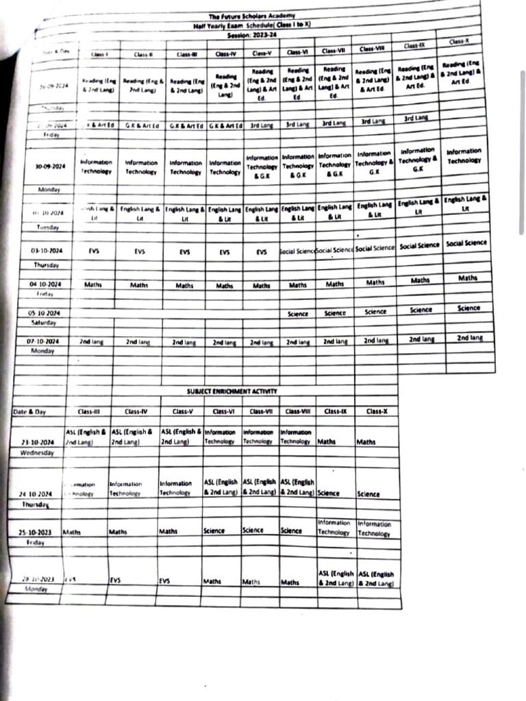 Exam Schedule For Half Yearly Examination 2024-25 | PDF