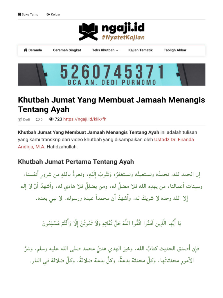 Khutbah Jumat Yang Membuat Jamaah Menangis Tentang Ayah Ngaji ID | PDF