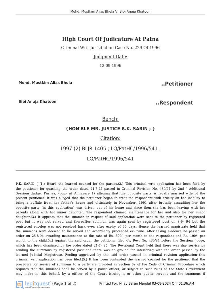 Mohd Mustkim Alias Bhola V Bibi Anuja Khatoon | PDF