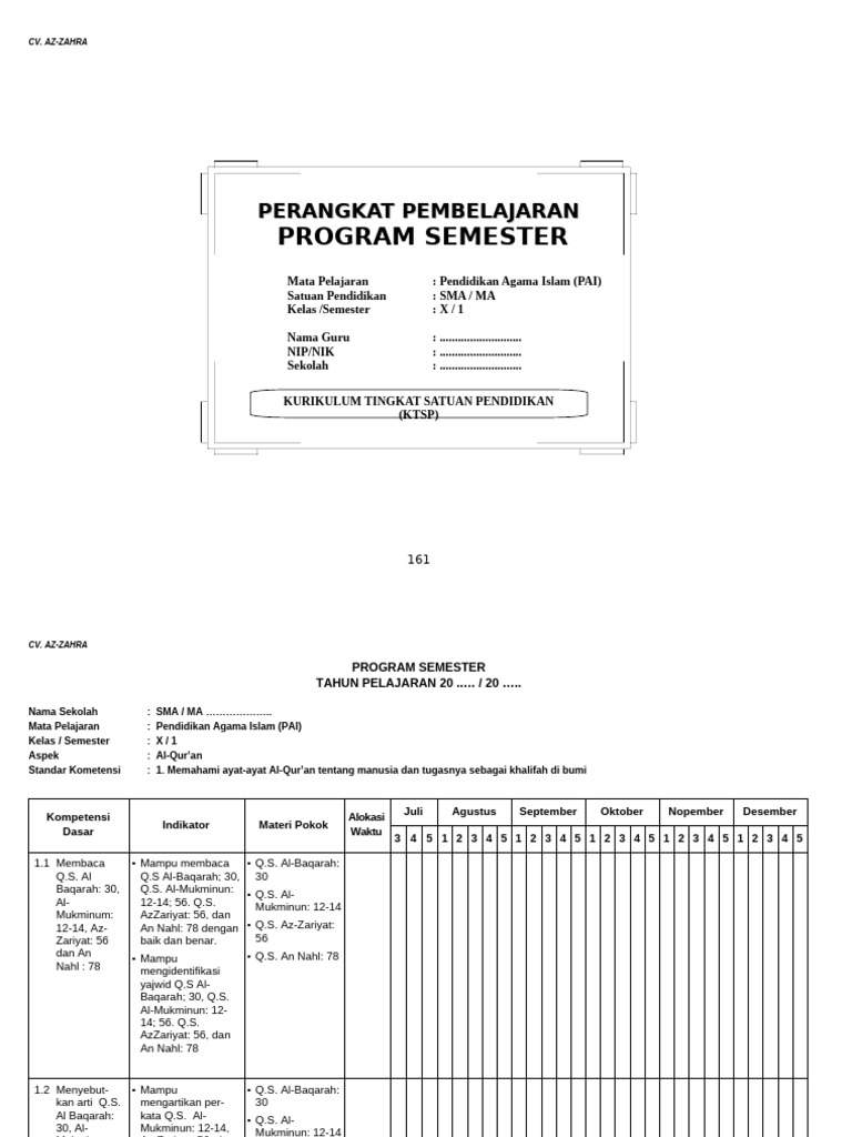 Program Semester Pai Kelas X SMT 1 | PDF