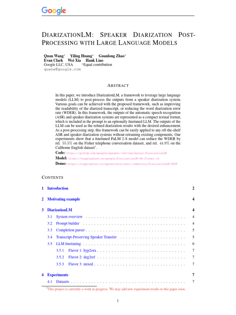 Diarizationlm - Speaker Diarization Postprocessing With Large Language Models | PDF