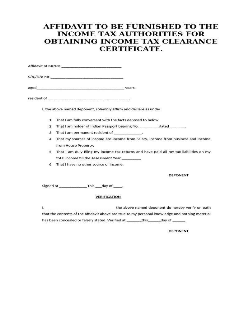 Affidavit To Be Furnished To The Income Tax Authorities For Obtaining Income Tax Clearance ...
