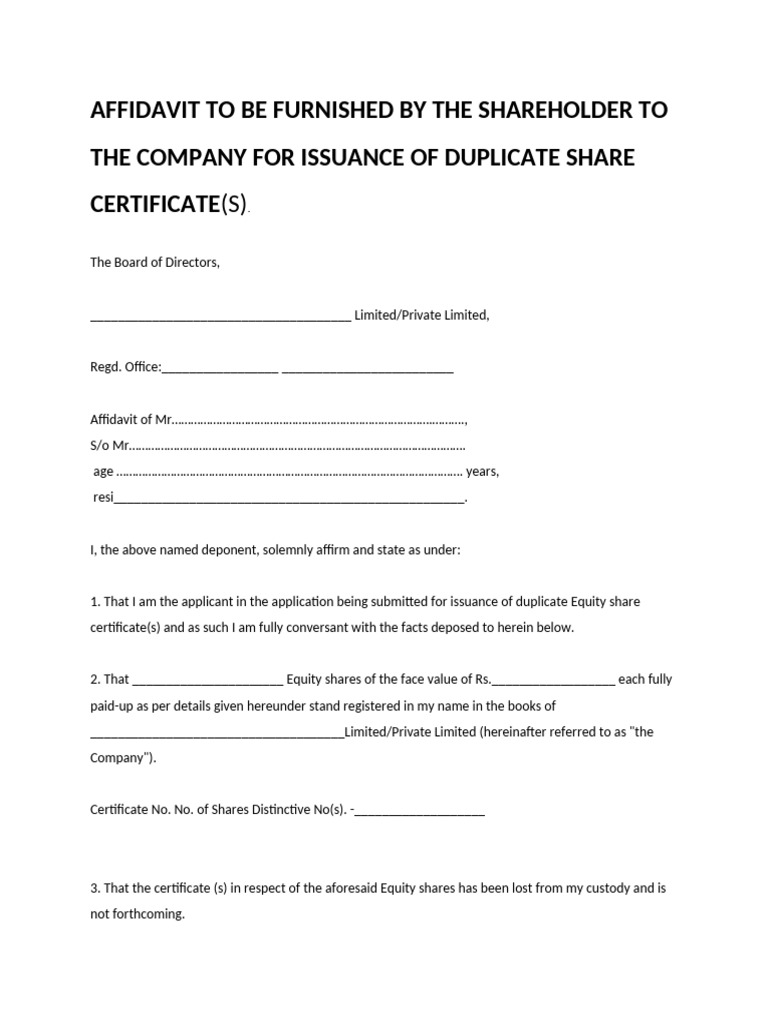 Affidavit To Be Furnished by The Shareholder To The Company For Issuance of Duplicate Share ...