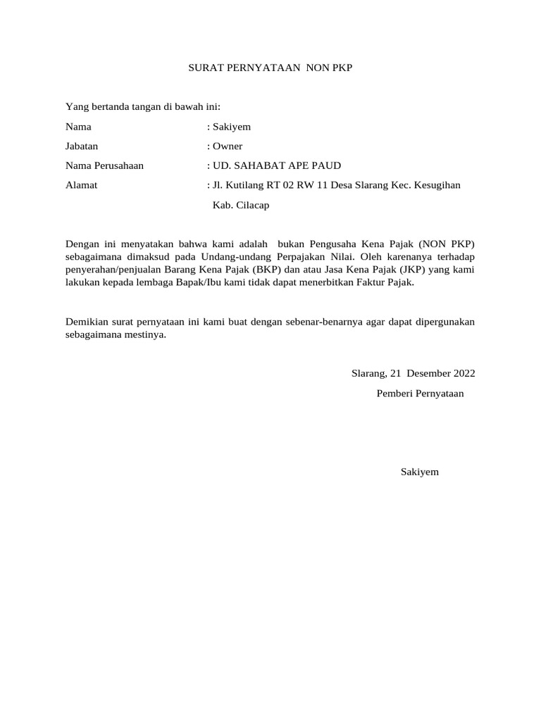 Surat Pernyataan Non PKP | PDF