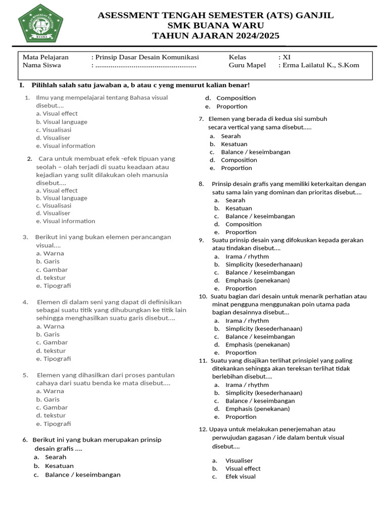 SOAL ATS GANJIL Prinsip Dasar Desain Komunikasi KLS XI | PDF