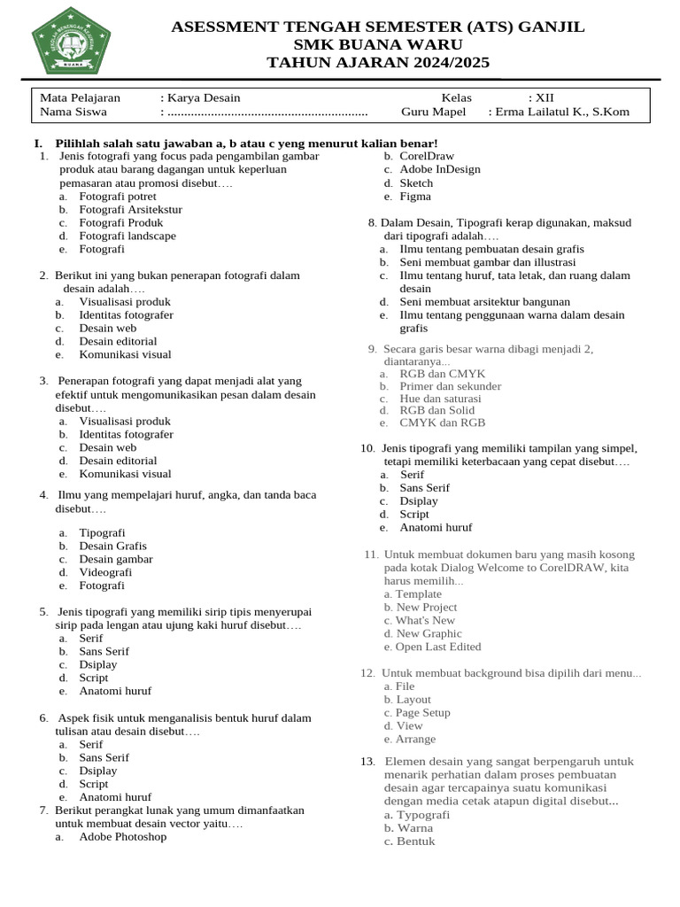 Soal Ats Ganjil Karya Desain Kls Xii | PDF