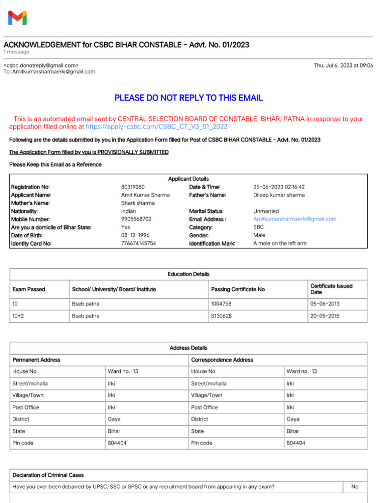 Gmail - Acknowledgement For CSBC Bihar Constable - Advt. No. 01 - 2023 | PDF