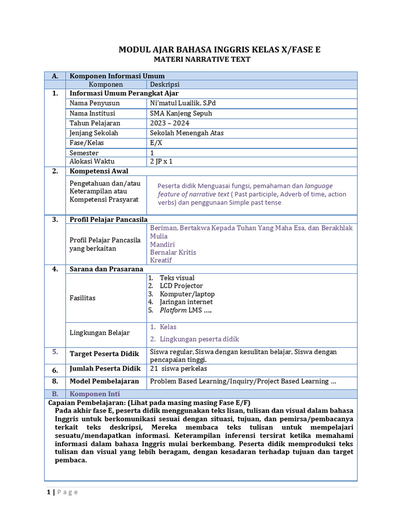Modul Ajar - Narrative Text | PDF