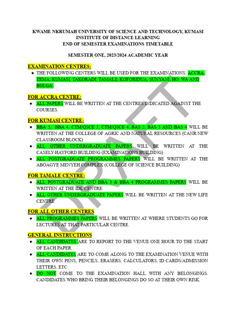 Draft End of Sem Timetable 2023 - 2024 Sem 1 | PDF