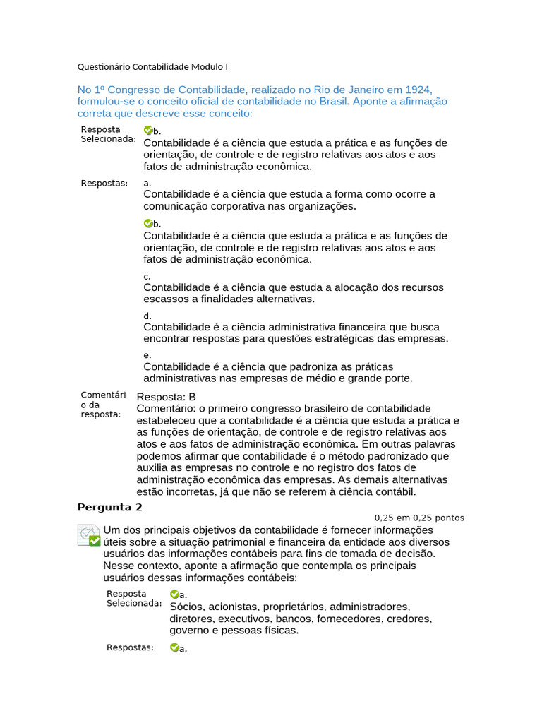Questionário Contabilidade Modulo-I | PDF