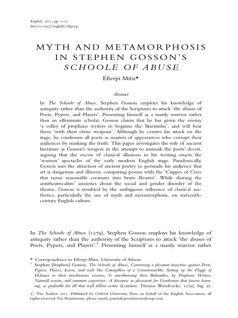 Myth and Metamorphosis in Stephen Gosson | PDF