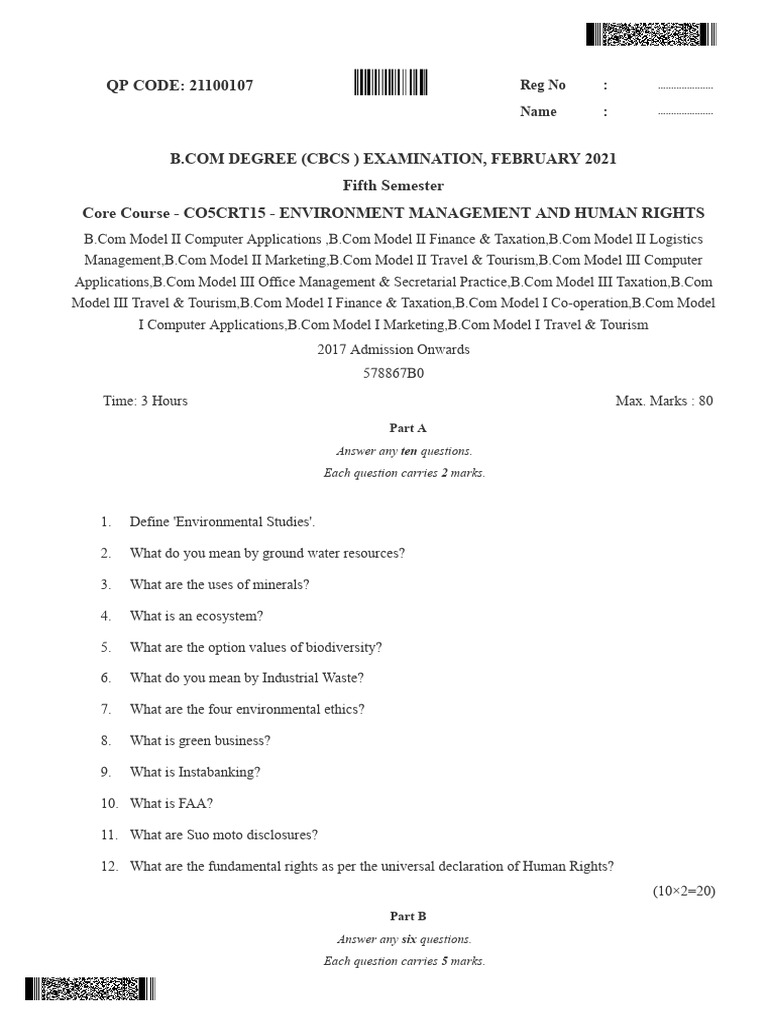 Bcom 5 Sem Environment Management and Human Rights 21100107 Feb 2021 | PDF