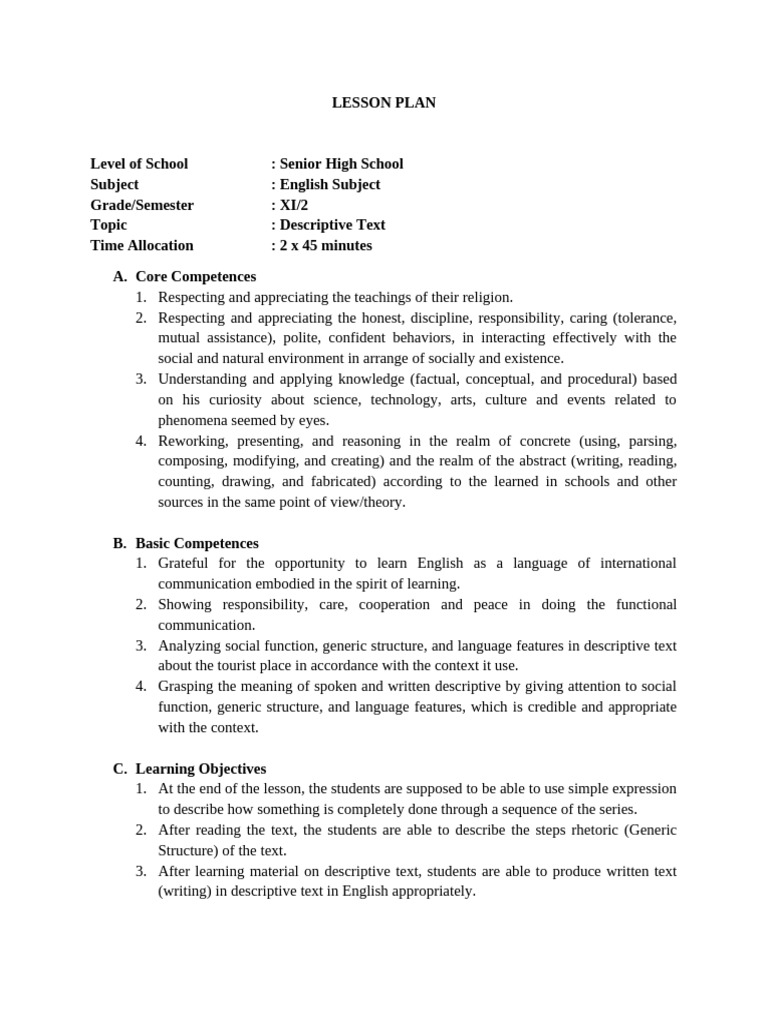 Contoh Lesson Plan Descriptive Text | PDF