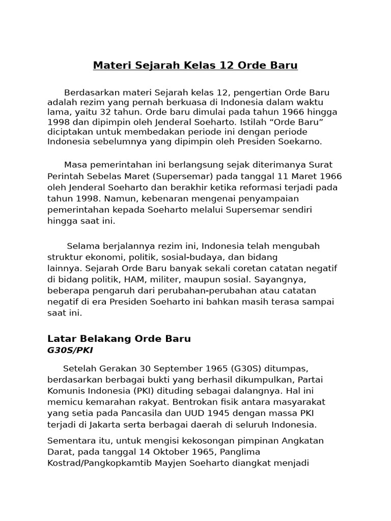 Materi Orde Baru Kls 12 | PDF