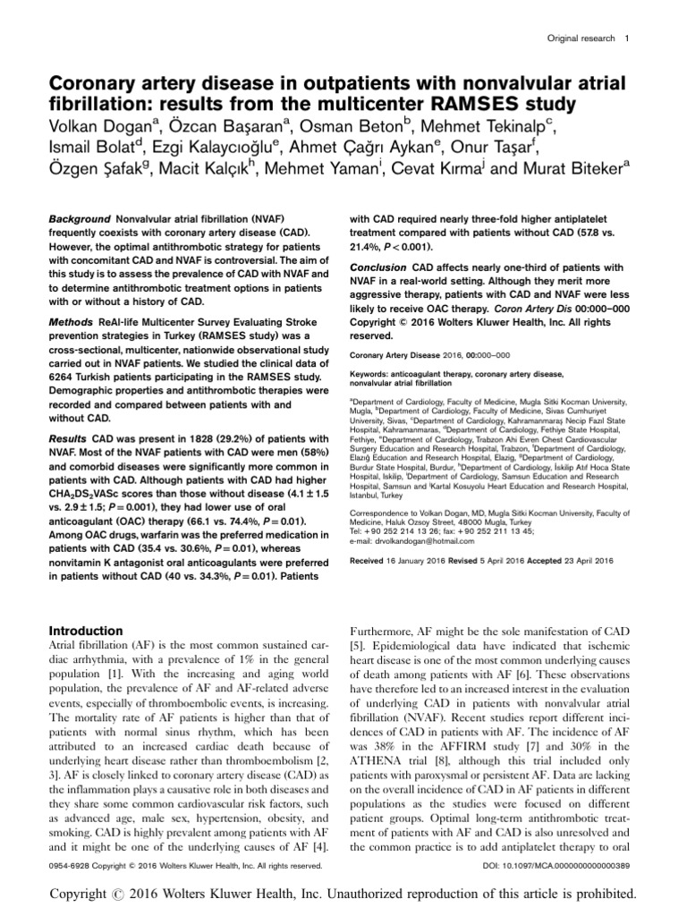 Coronary Artery Disease in Outpatients With Nonvalvular Atrial ...