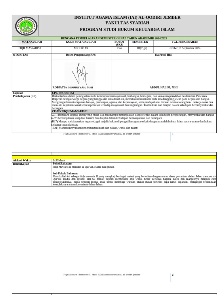 RPS FIQH MAWARIS 2 IV HKI ROBIAH Terbaru | PDF | Religious Law | Science & Mathematics